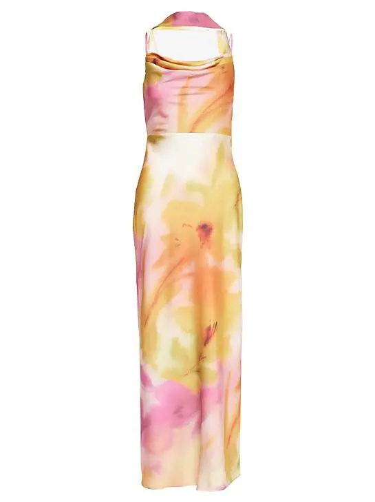 PRETTY LAVISH Keisha Scarf Satin Maxi Dress - Pink Yellow Floral