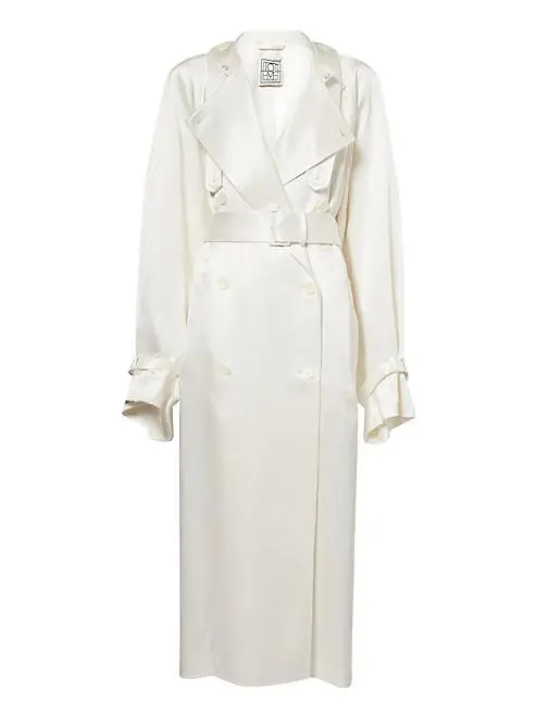 TOTEME Draped Longline Satin Trench Coat - Off White