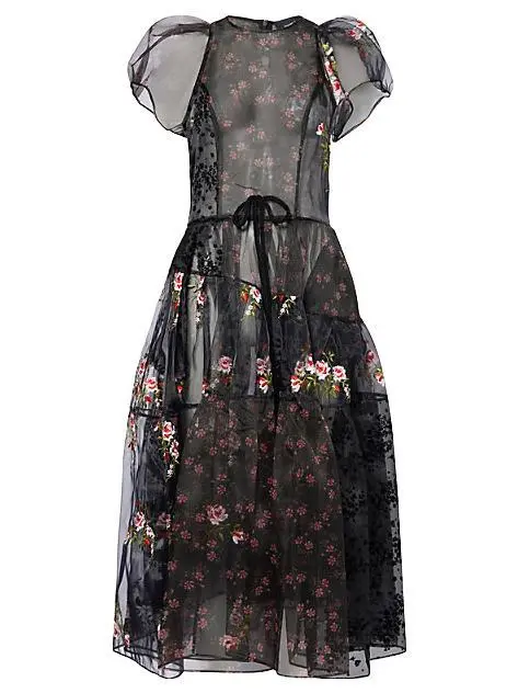 Simone Rocha Patch Flounce Sheer Organza Midi Dress - Black Patchwork Black