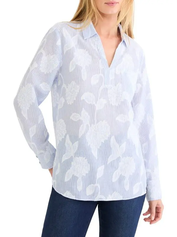 NIC+ZOE Sky Stripe Jacquard Popover Top - Blue Multi