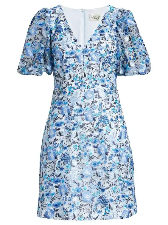 Eliza J Embroidered Puff Sleeve Cocktail Dress - Blue