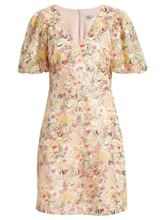 Eliza J Embroidered Puff Sleeve Cocktail Dress - Blush