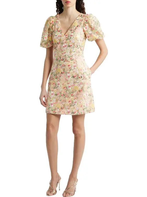 Eliza J Embroidered Puff Sleeve Cocktail Dress - Blush