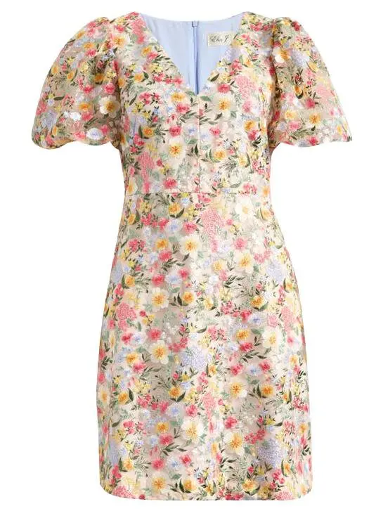 Eliza J Embroidered Puff Sleeve Cocktail Dress - Multi Floral Ivory