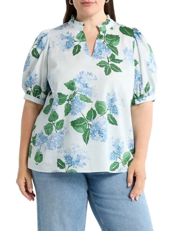 SUGARLIPS Floral Puff Sleeve Top - Blue-green-mul