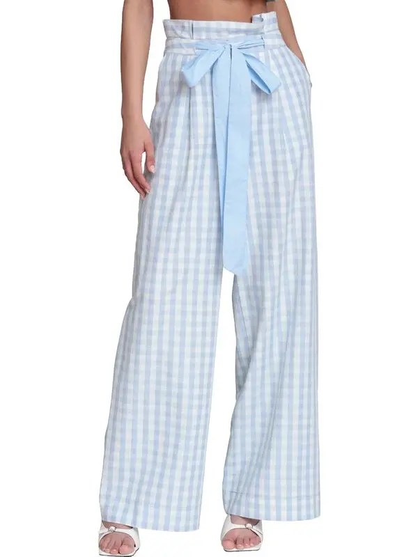 Avec Les Filles Tie Waist Wide Leg Pants - Light Blue Gingham
