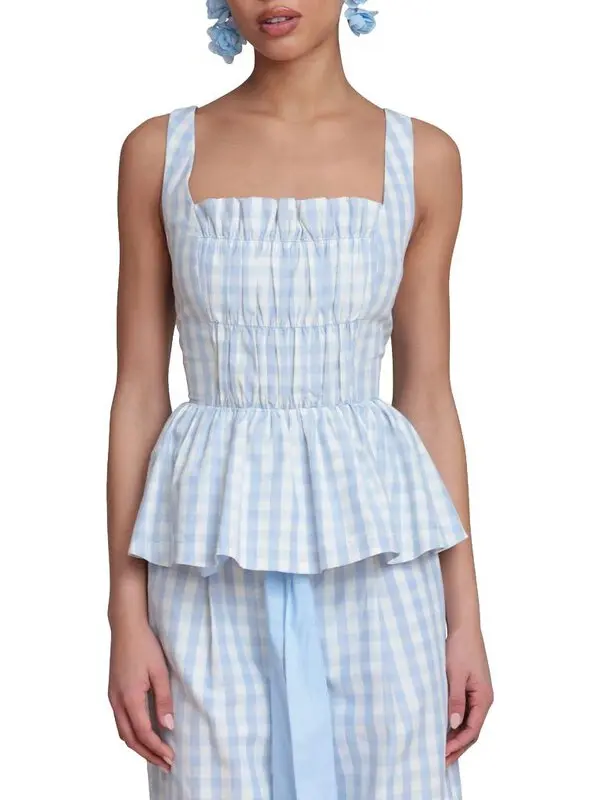 Avec Les Filles Gingham Peplum Top - Light Blue Gingham