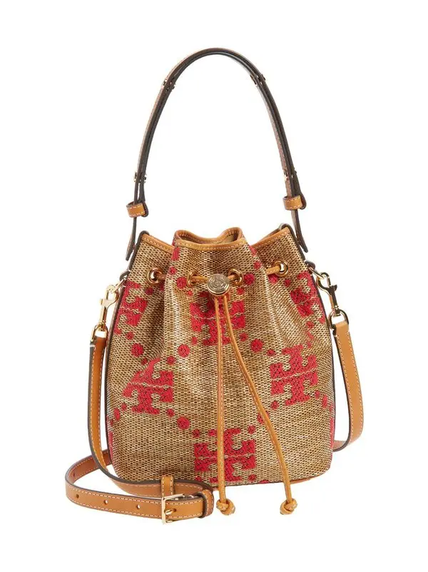 Tory Burch T Monogram Straw Bucket Bag - Natural