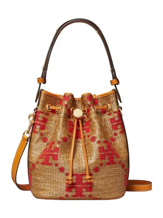 Tory Burch T Monogram Straw Bucket Bag - Natural