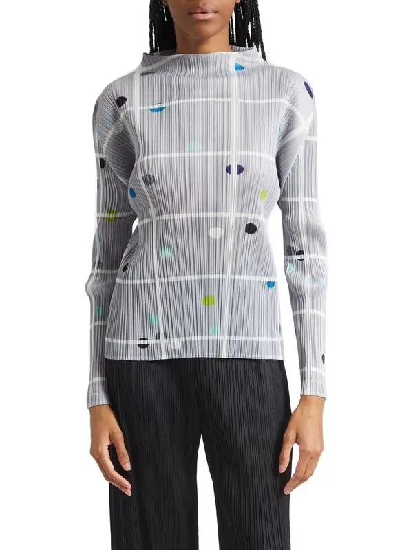 Issey Miyake Crossing Dots Pleated Funnel Neck Top - Light Gray