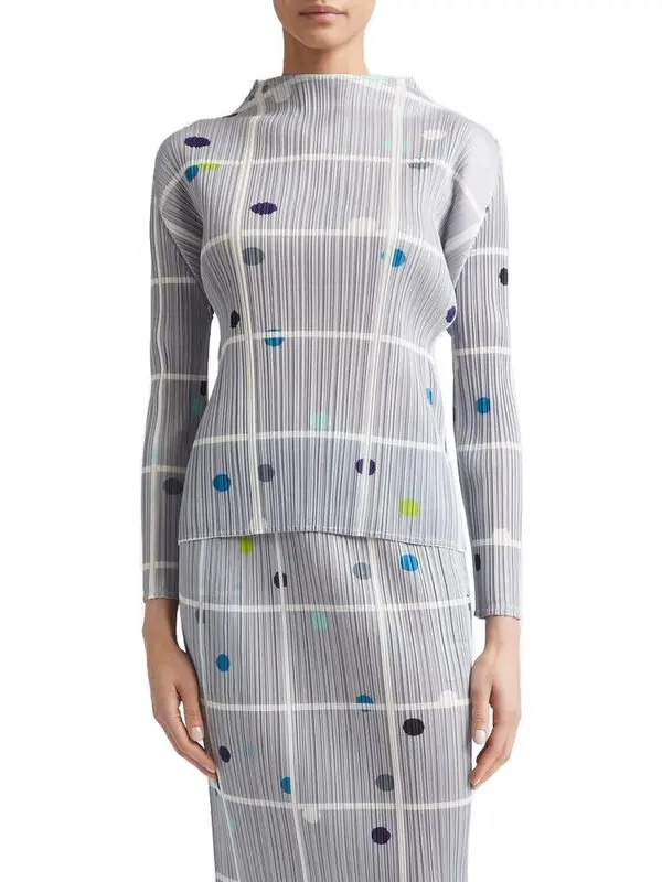 Issey Miyake Crossing Dots Pleated Funnel Neck Top - Light Gray