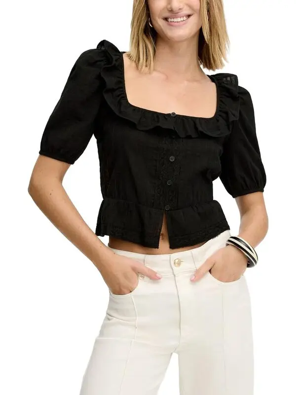 Sam Edelman Cotton Button-up Peplum Top - True Black