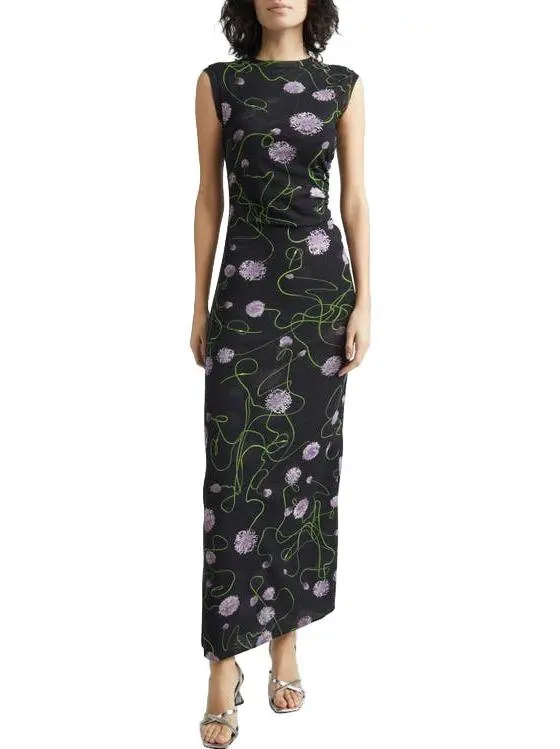 Stella McCartney Twisted Floral Mesh Body-con Midi Dress - Black Multicolor