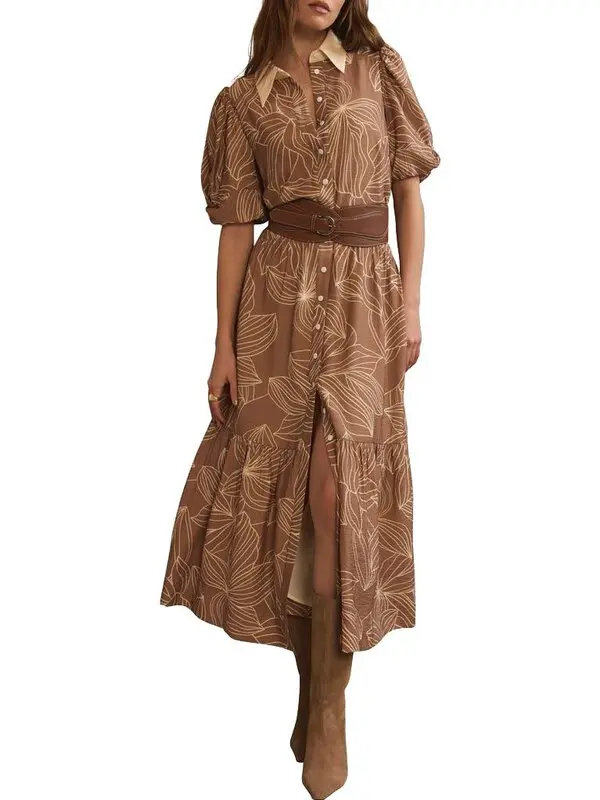 Mint Velvet Floral Print Maxi Shirt Dress With Puff Sleeves - Camel