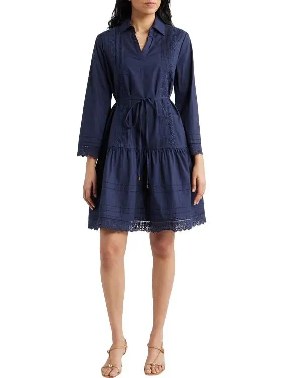 Julia Jordan Lace Trim Tie Waist Long Sleeve Shirtdress - Navy