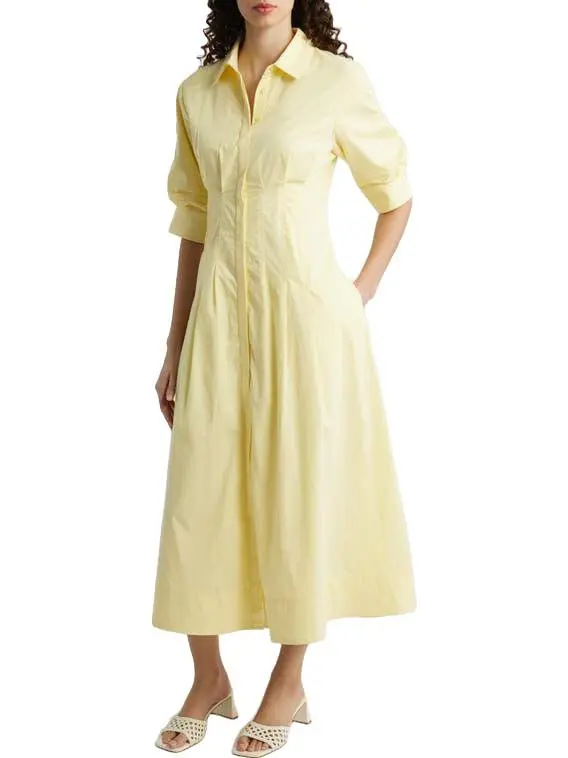 Vince Camuto Pleated Cotton Maxi Shirt Dress - Lemon Cream