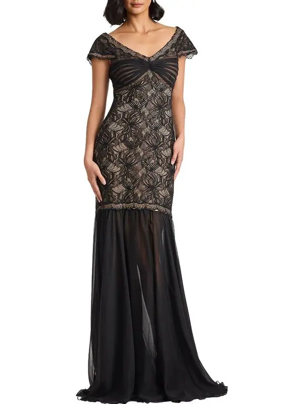 Tadashi Shoji Off-the-shoulder Mixed Media Lace Gown - Black/nude