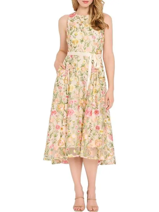 TAHARI ASL Embroidered Sleeveless Midi Dress - Buttercup Multi