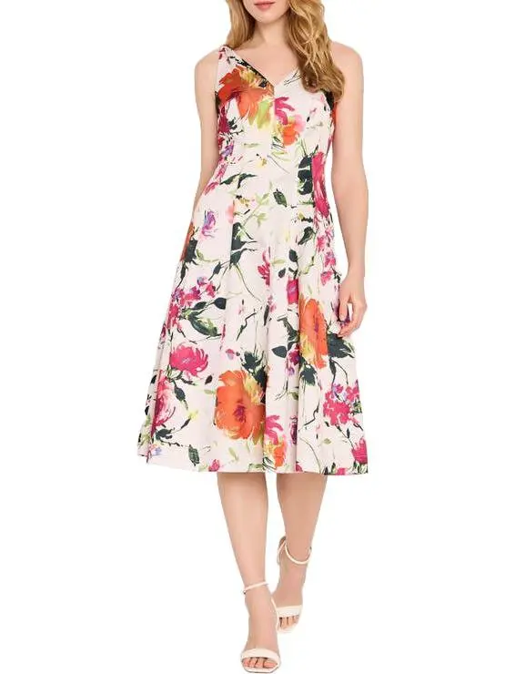 TAHARI ASL Floral Print Fit & Flare Dress With Hardware - Sand Floral