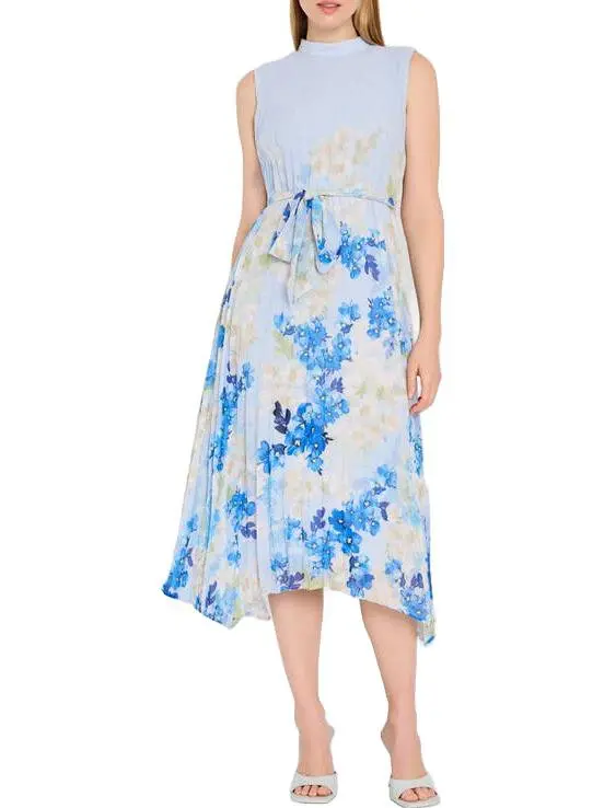 TAHARI ASL Border Print Pleated Tie Waist Midi Dress - Ivory Blue Floral