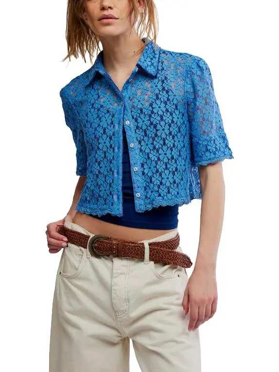 Free People Floral Lace Button-up Crop Shirt - Blissful Blue