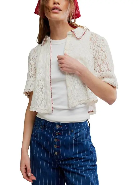 Free People Floral Lace Button-up Crop Shirt - Whisper White