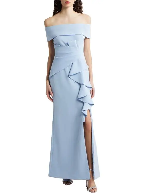 Eliza J Cascade Ruffle Off-the-shoulder Gown - Sky