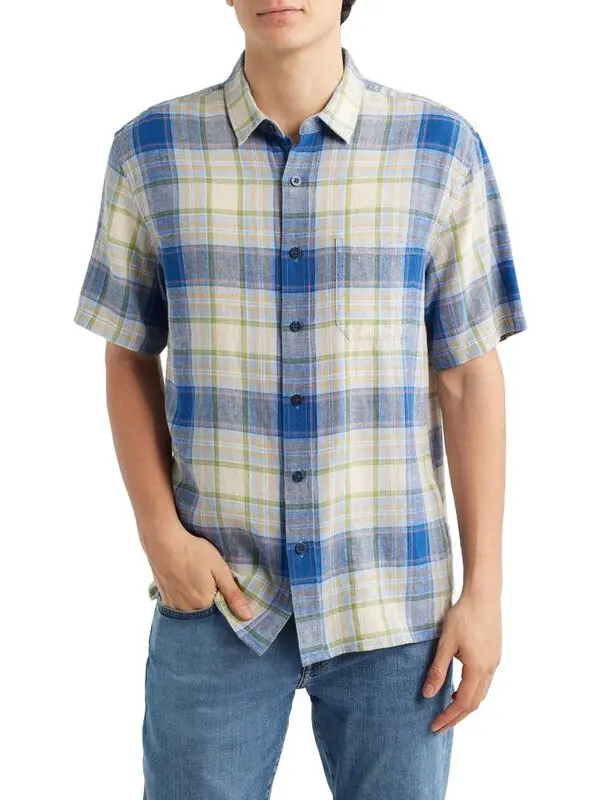 Pendleton Dawson Plaid Short Sleeve Linen Blend Button-up Shirt - Blue Multi Plaid