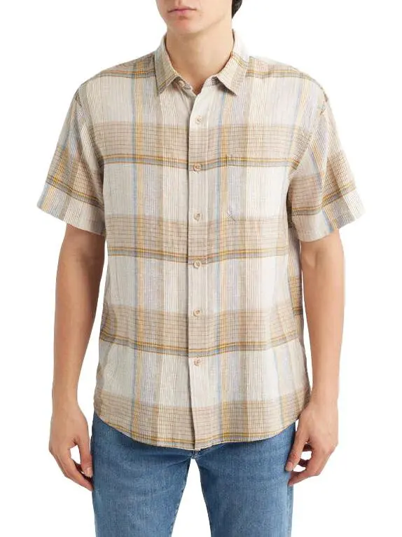 Pendleton Dawson Plaid Short Sleeve Linen Blend Button-up Shirt - Ecru/tan/blue Plaid