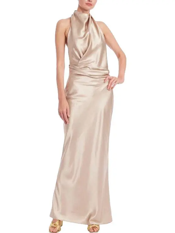Badgley Mischka Cowl Halter Neck Metallic Satin Gown - Sand