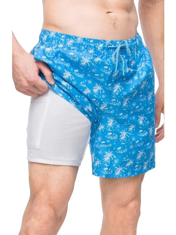 ROKKA&ROLLA 7" Compression Lined Swim Trunks - Blue Tropical Print