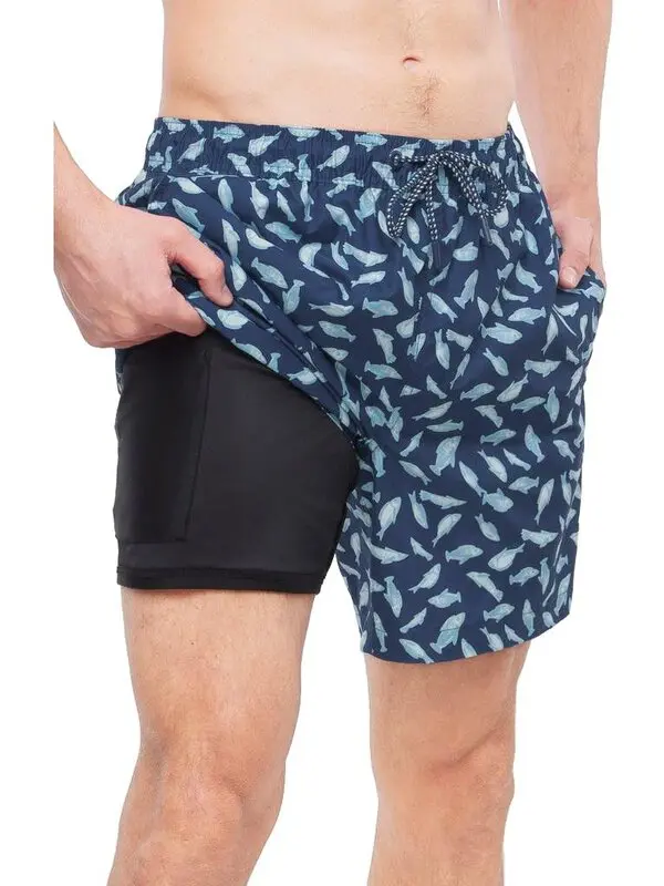 ROKKA&ROLLA 7" Compression Lined Swim Trunks - Ocean Navy Print
