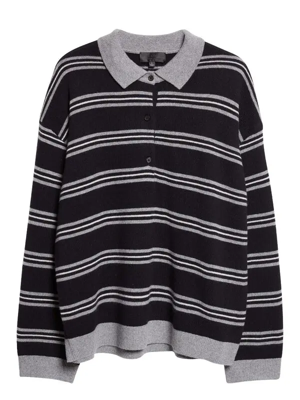 NILI LOTAN Galvez Stripe Cashmere Polo Sweater - Dark Navy/grey Stripe