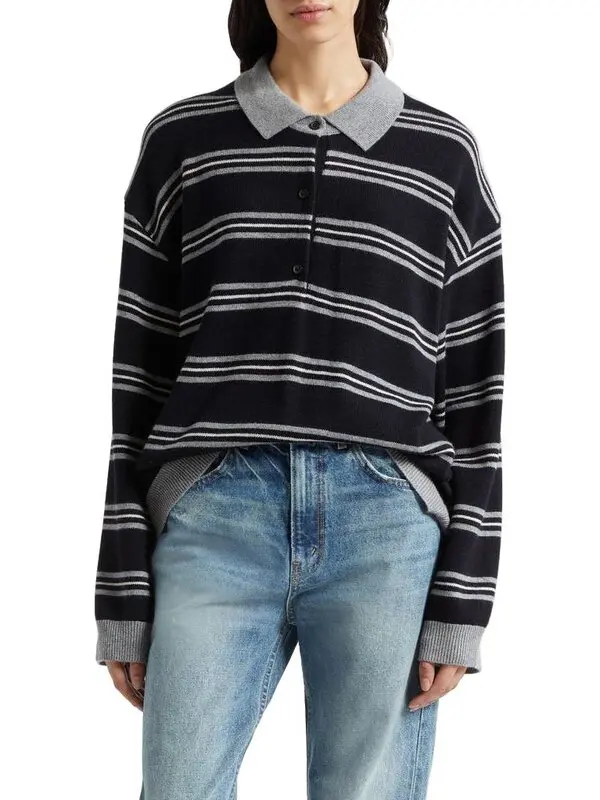 NILI LOTAN Galvez Stripe Cashmere Polo Sweater - Dark Navy/grey Stripe