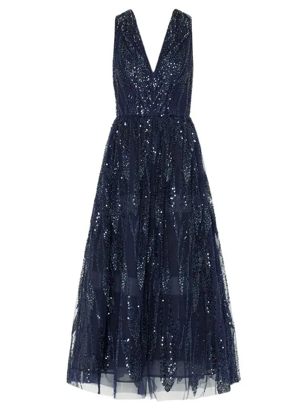MILLY Tinsley Embroidered V-neck Midi Dress - Navy