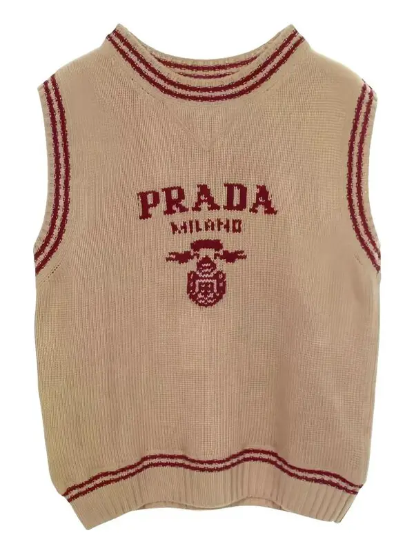 Prada Intarsia Logo Ribbed Wool Vest - Neutrals