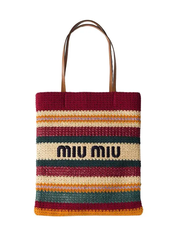 Miu Miu Raffia-effect Woven Tote Bag - Bordeaux/teal/natural