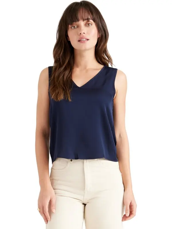 Quince 100% Washable Silk Stretch Tank Top - Navy