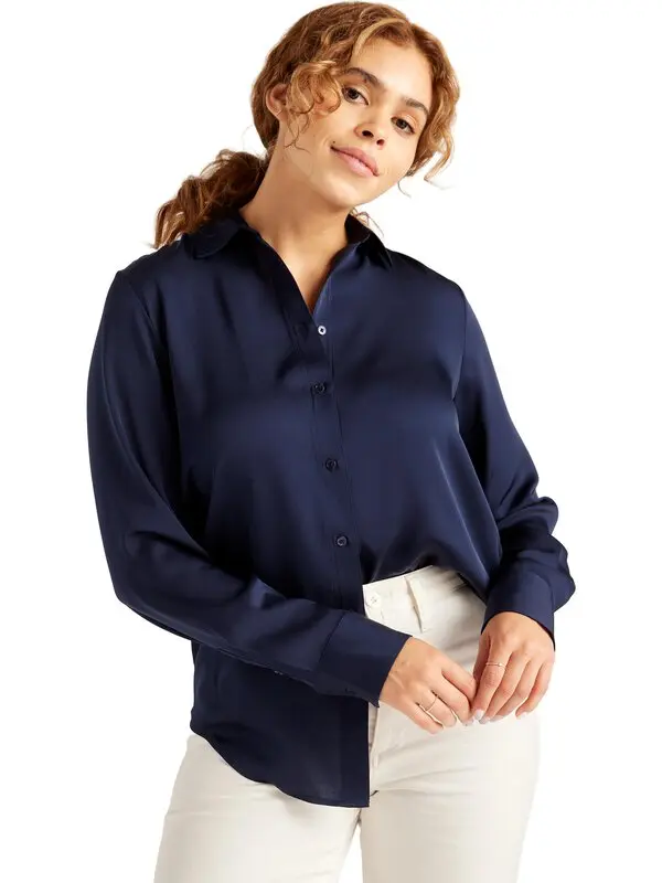 Quince 100% Washable Silk Stretch Blouse - Navy