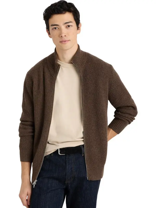 Quince Mongolian Cashmere Fisherman Full Zip Sweater - Brown