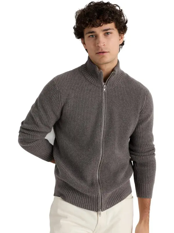 Quince Mongolian Cashmere Fisherman Full Zip Sweater - Elk Brown