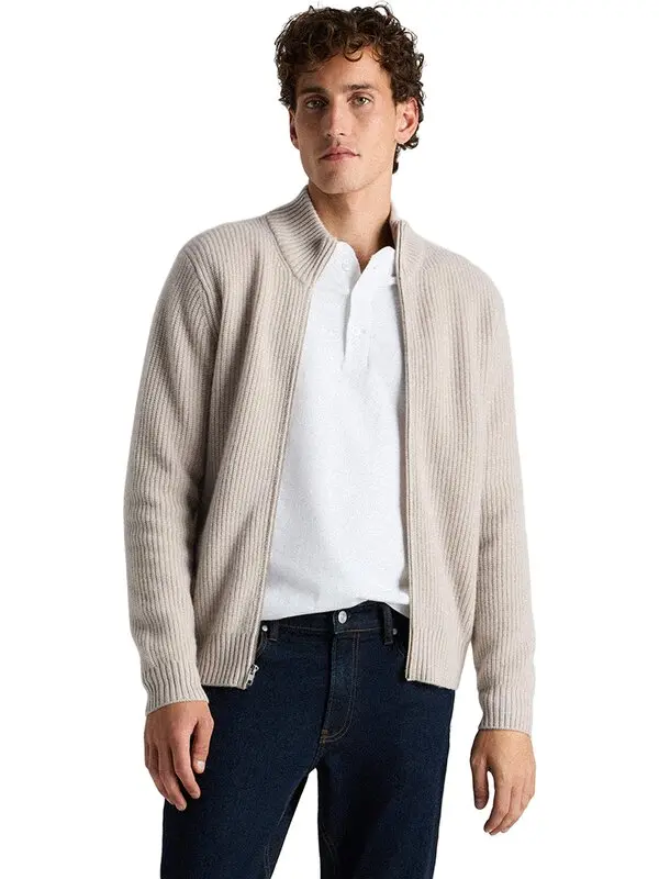 Quince Mongolian Cashmere Fisherman Full Zip Sweater - Heather Cloud Beige