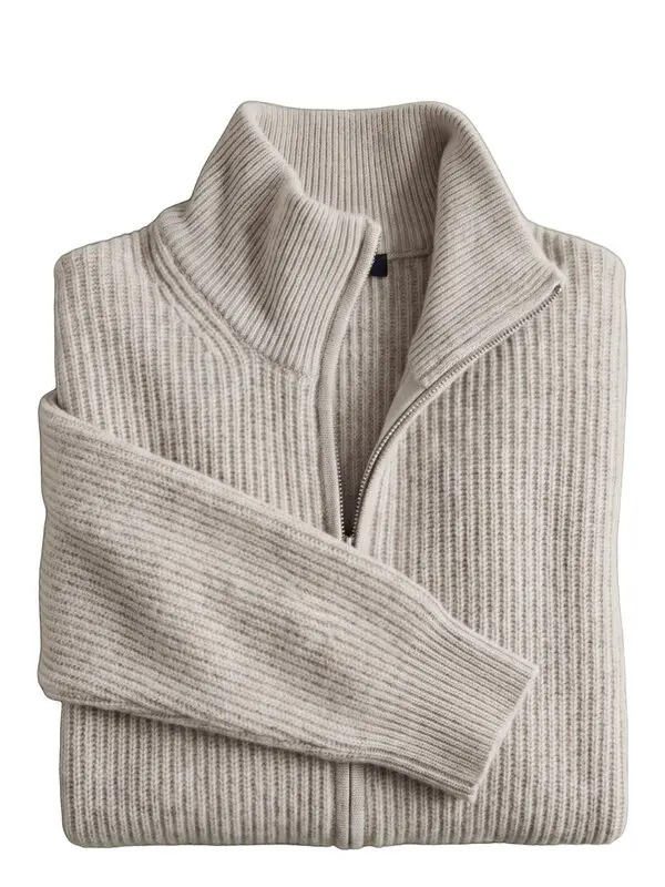 Quince Mongolian Cashmere Fisherman Full Zip Sweater - Heather Cloud Beige