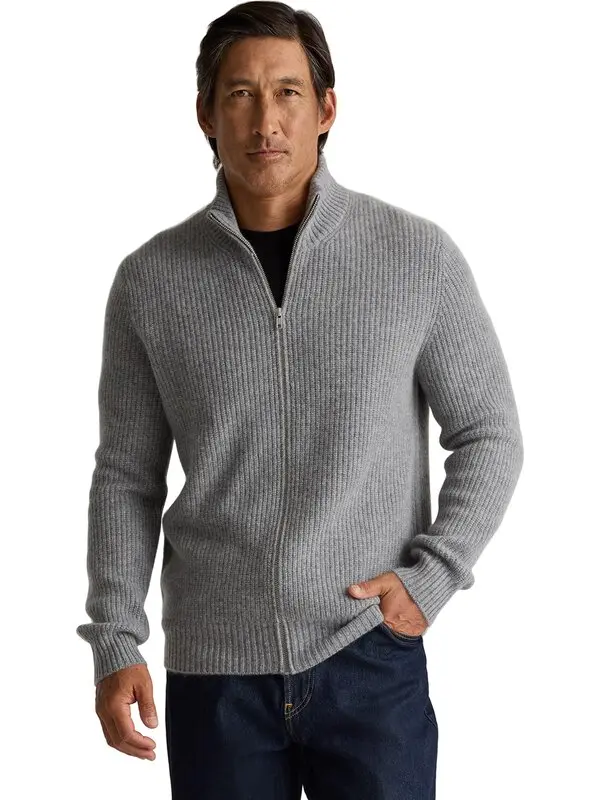 Quince Mongolian Cashmere Fisherman Full Zip Sweater - Heather Grey