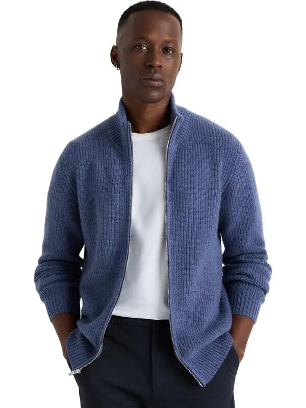 Quince Mongolian Cashmere Fisherman Full Zip Sweater - Heather Storm Blue
