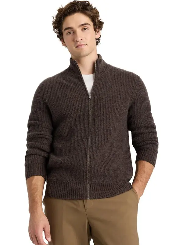 Quince Mongolian Cashmere Fisherman Full Zip Sweater - Heather Truffle Brown