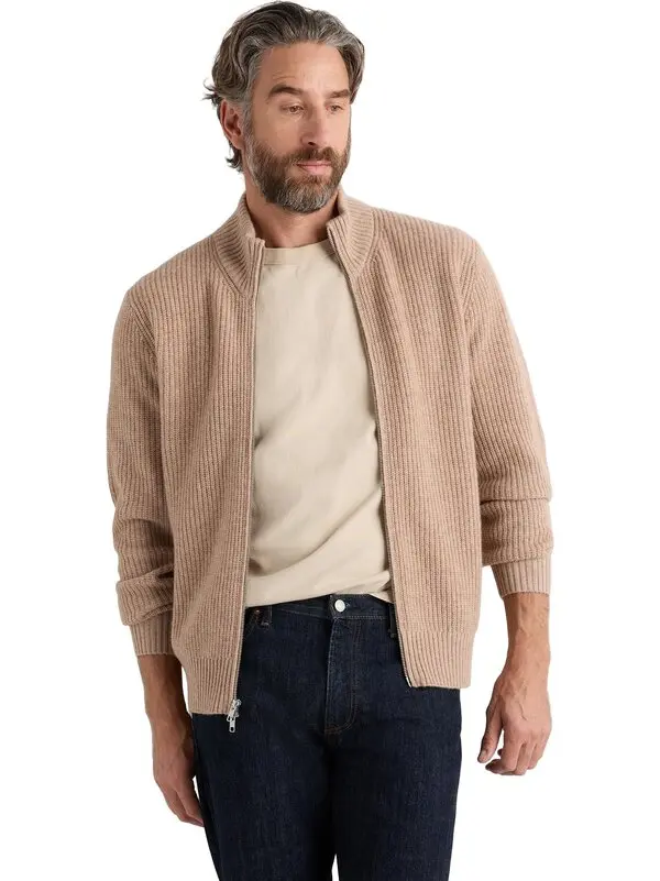 Quince Mongolian Cashmere Fisherman Full Zip Sweater - Oatmeal