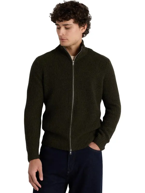 Quince Mongolian Cashmere Fisherman Full Zip Sweater - Olive Twist