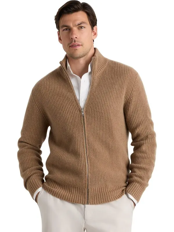 Quince Mongolian Cashmere Fisherman Full Zip Sweater - Teak