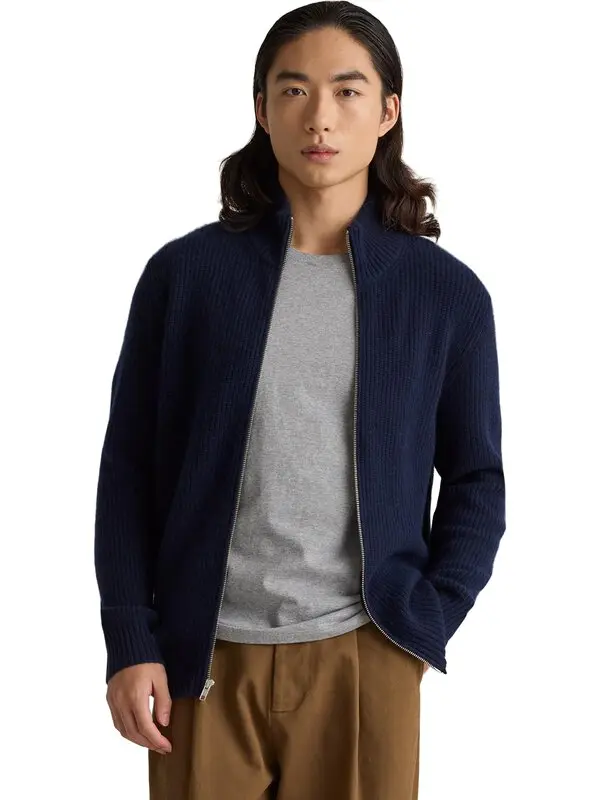 Quince Mongolian Cashmere Fisherman Full Zip Sweater - True Navy